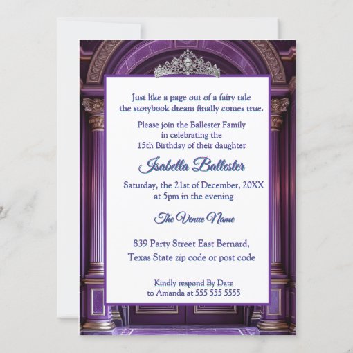 Purple Quinceanera Birthday Palace Dress Tiara Invitation | Zazzle
