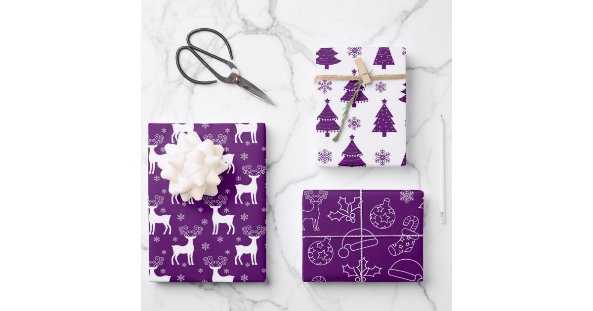 Purple Reindeer, Christmas Tree & Holiday Pattern Wrapping Paper Sheets ...