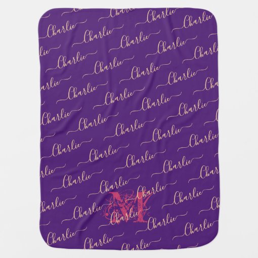 Purple repeat personalized name script & monogram baby blanket | Zazzle
