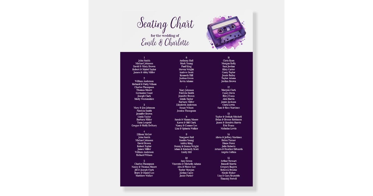Purple Retro Cassette Tape Music Seating Chart Foam Board | Zazzle