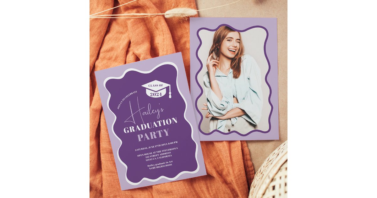 Purple retro wavy frame photo graduation invitation | Zazzle