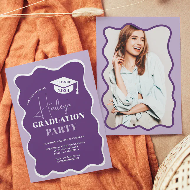 Purple retro wavy frame photo graduation invitation | Zazzle