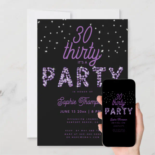 Purple Rhinestones Calligraphy Modern 30 Birthday Invitation | Zazzle