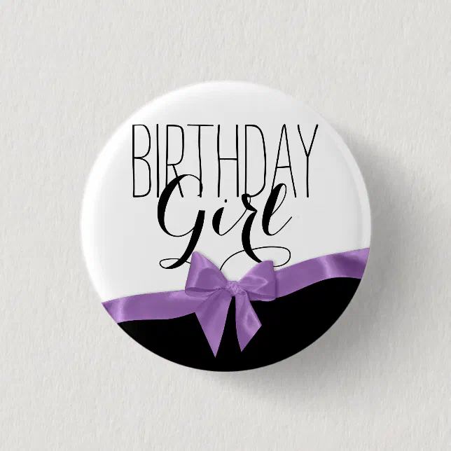 Purple Ribbon Bow Birthday Girl Pinback Button | Zazzle