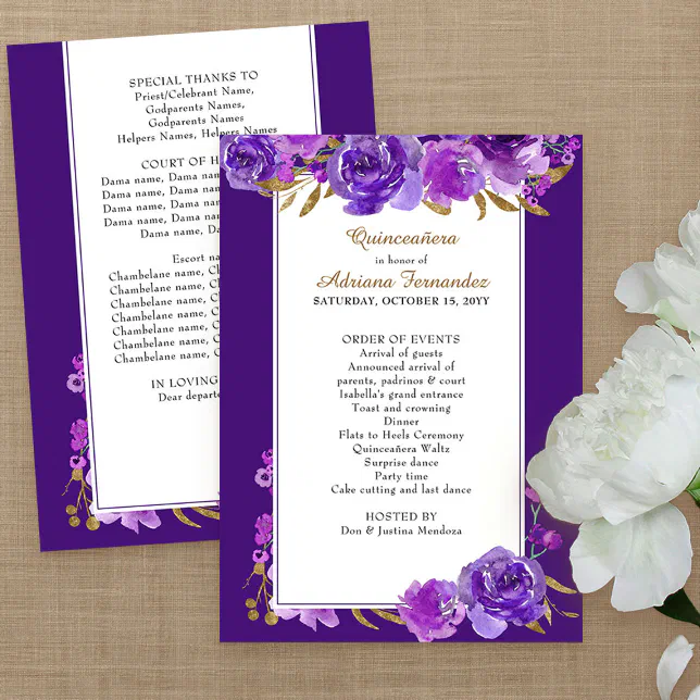 Purple Rose and Elegant Gold Leaf Quinceanera Program | Zazzle