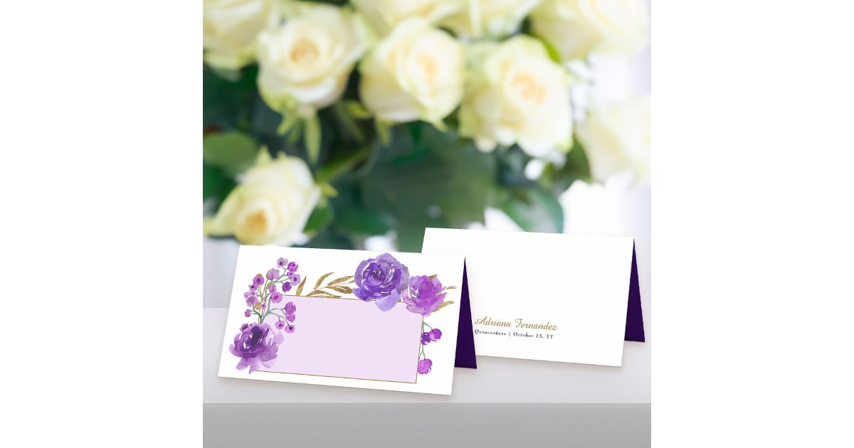 Purple Rose and Gold Leaf Name Plate Place Card | Zazzle