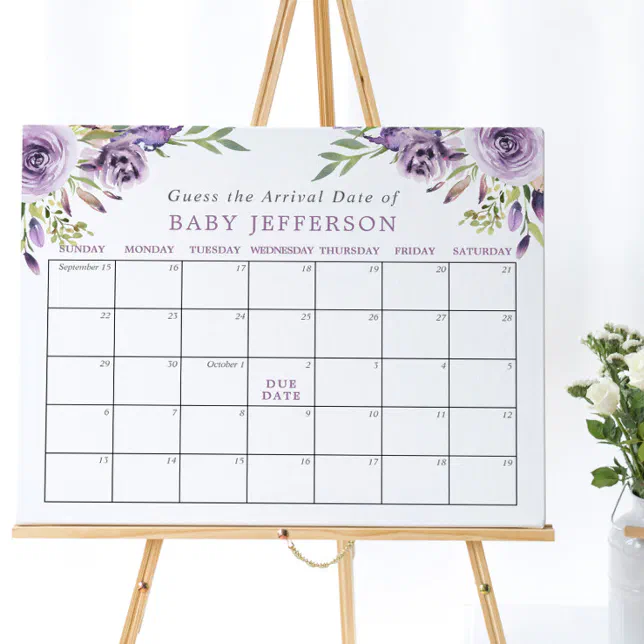 Purple Rose Baby Shower Guess Due Date Calendar Poster | Zazzle