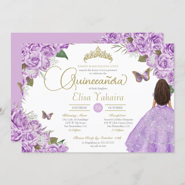 Purple Rose Floral Gold Tiara Butterfly Quince Inv Invitation | Zazzle