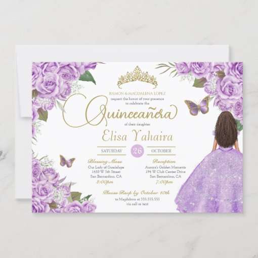 Purple Rose Floral Gold Tiara Butterfly Quince Inv Invitation | Zazzle