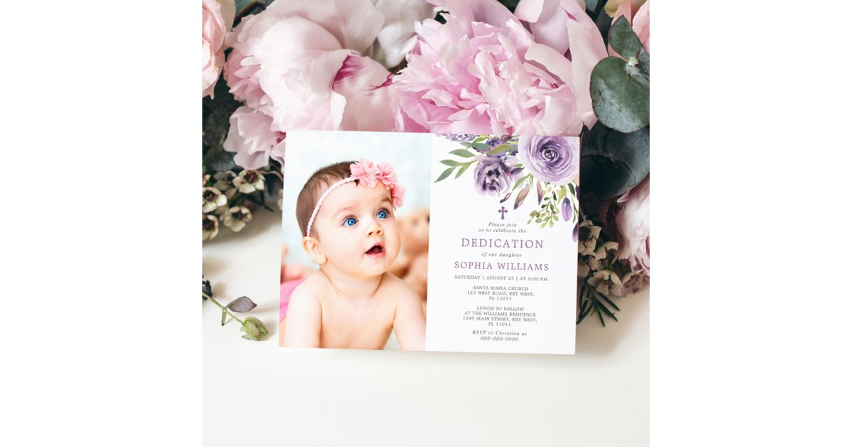 Purple Rose Floral Photo Girl Dedication Invitation | Zazzle