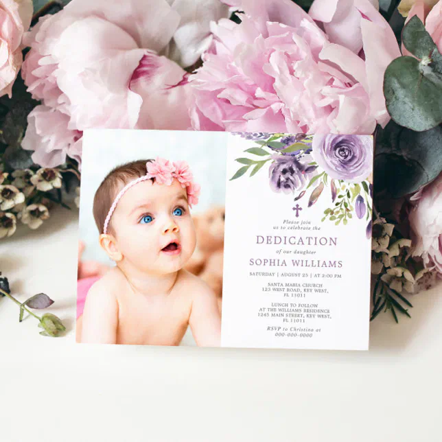 Purple Rose Floral Photo Girl Dedication Invitation | Zazzle