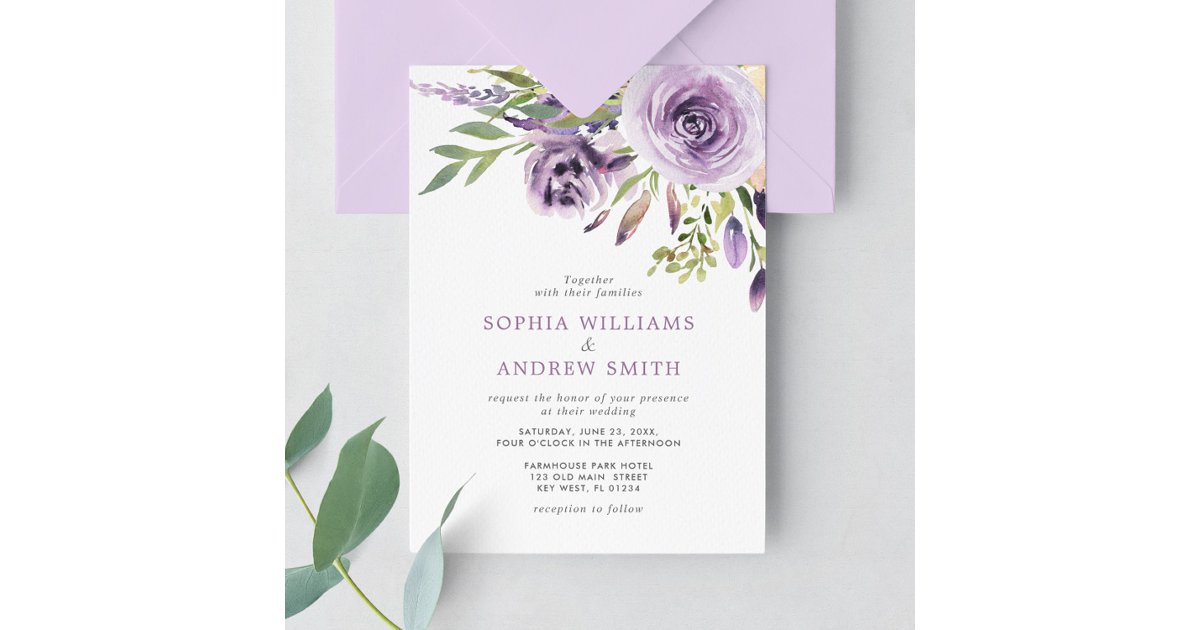 Purple Rose Floral Wedding Invitation | Zazzle