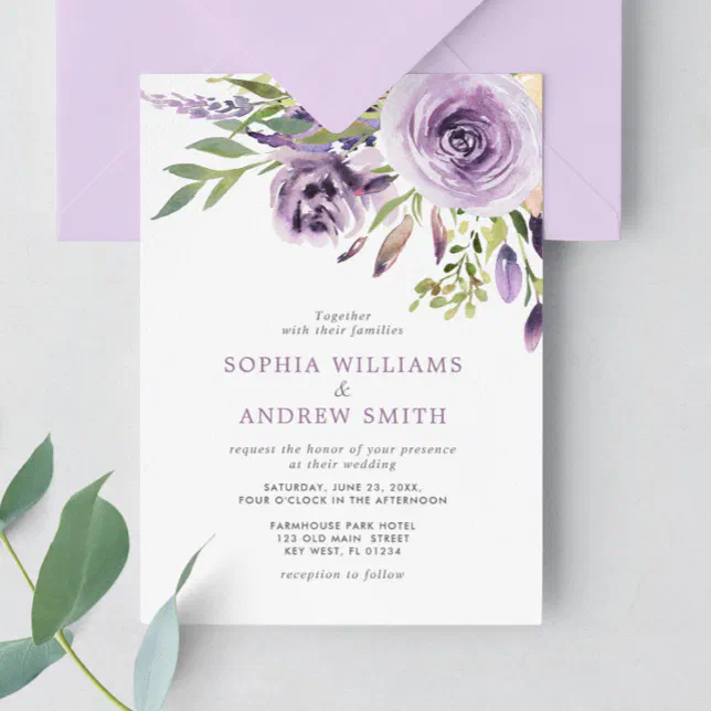 Purple Rose Floral Wedding Invitation | Zazzle
