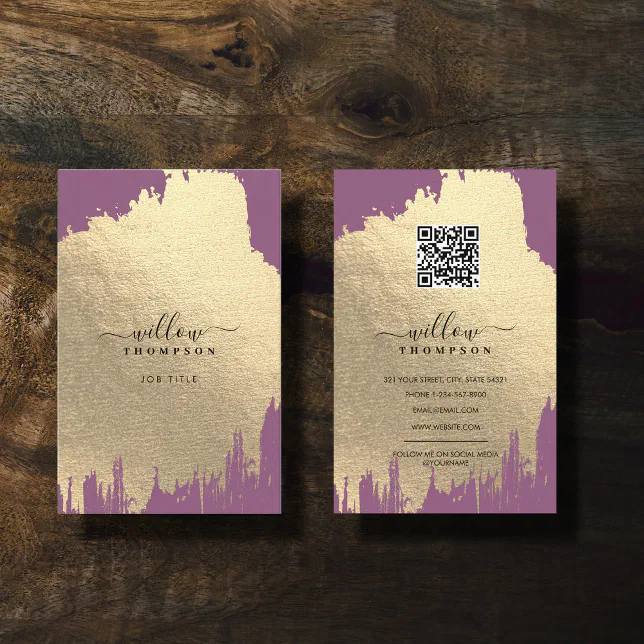 Purple Rose Gold Foil Brush Stroke QR Code Business Card | Zazzle
