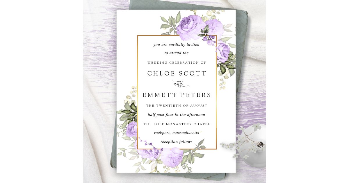 Purple Rose Rustic Floral Wedding Invitation | Zazzle