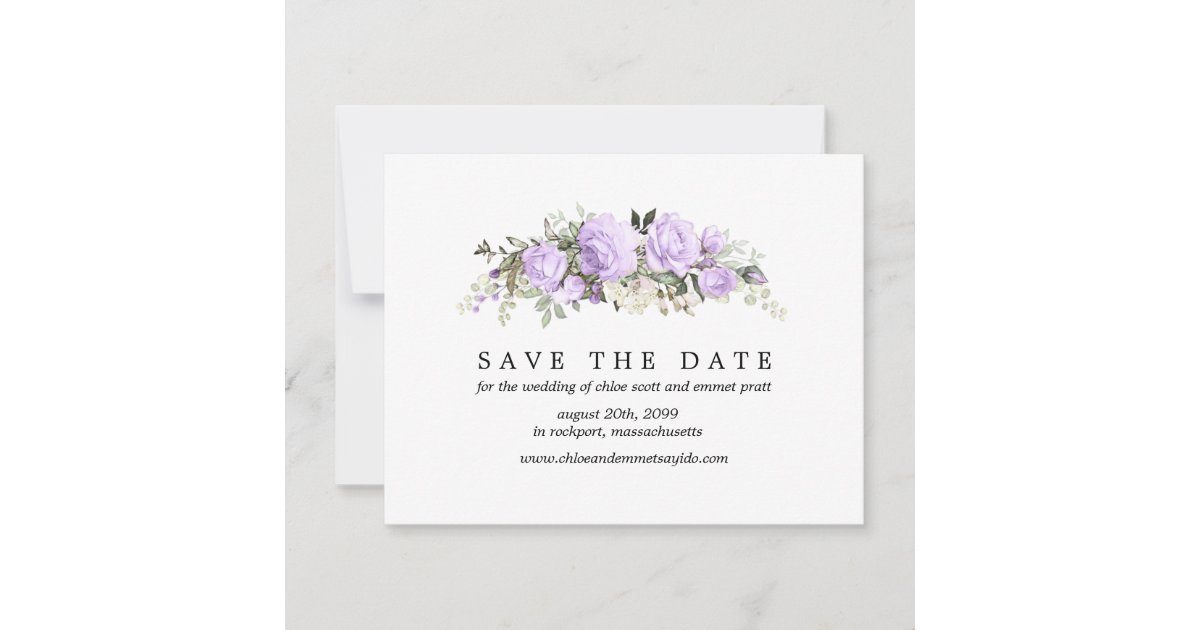 Purple Rose Save the Date Card with Photo Back | Zazzle