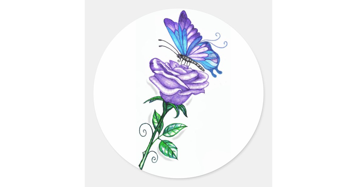 Purple Rose with Butterfly Classic Round Sticker | Zazzle