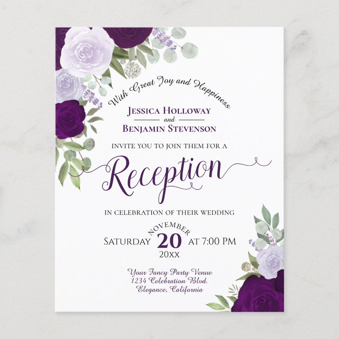 Purple Roses Budget Wedding Reception Invitation | Zazzle