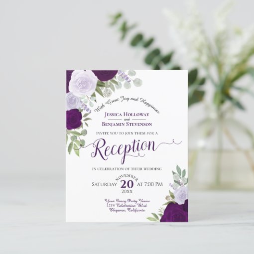Purple Roses Budget Wedding Reception Invitation | Zazzle