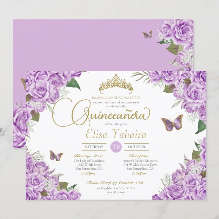Purple Roses Floral Tiara Butterfly Quinceanera Invitation | Zazzle