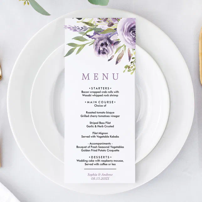 Purple Roses & Greenery Leaves Floral Wedding Menu | Zazzle
