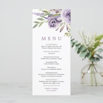 Purple Roses & Greenery Leaves Floral Wedding Menu | Zazzle