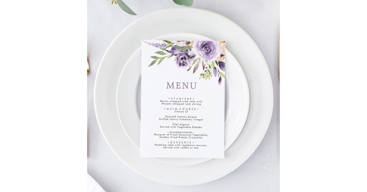 Purple Roses & Greenery Leves Floral Wedding Menu | Zazzle