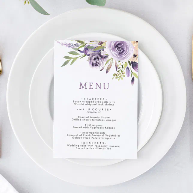 Purple Roses & Greenery Leves Floral Wedding Menu | Zazzle