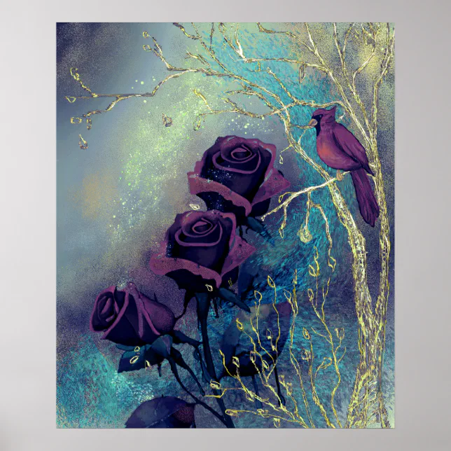Purple roses with bird on a silvver Tree Poster | Zazzle