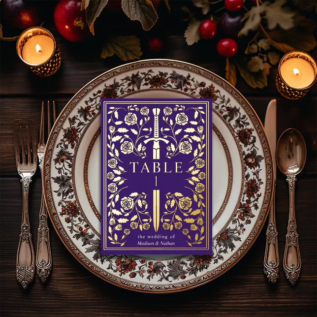 Purple Royal Medieval Sword Wedding Table Card | Zazzle