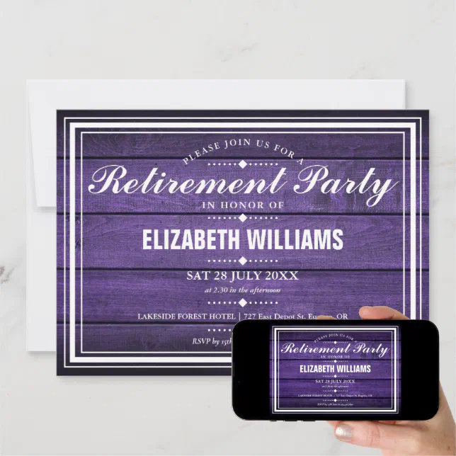 Purple Rustic Barn Wood Retirement Party Invitation | Zazzle