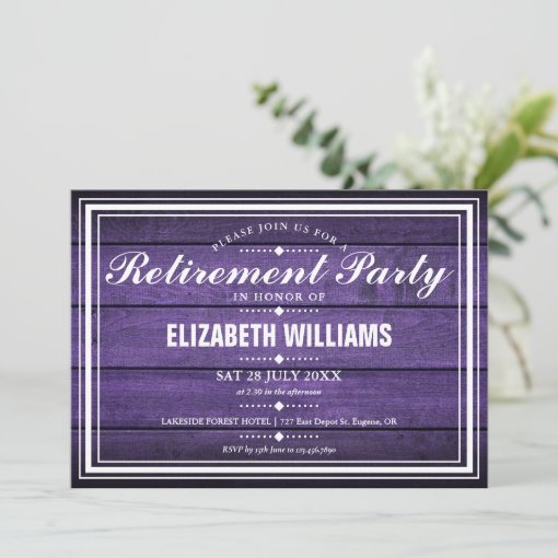 Purple Rustic Barn Wood Retirement Party Invitation | Zazzle