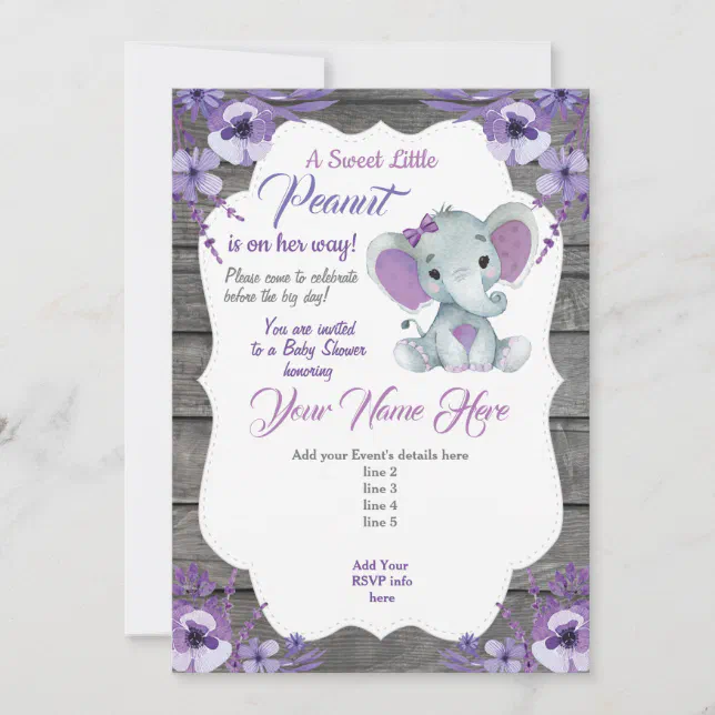 Purple Rustic Elephant Invitation Editable | Zazzle