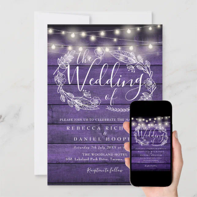 Purple Rustic Wood String Lights Script Wedding Invitation | Zazzle