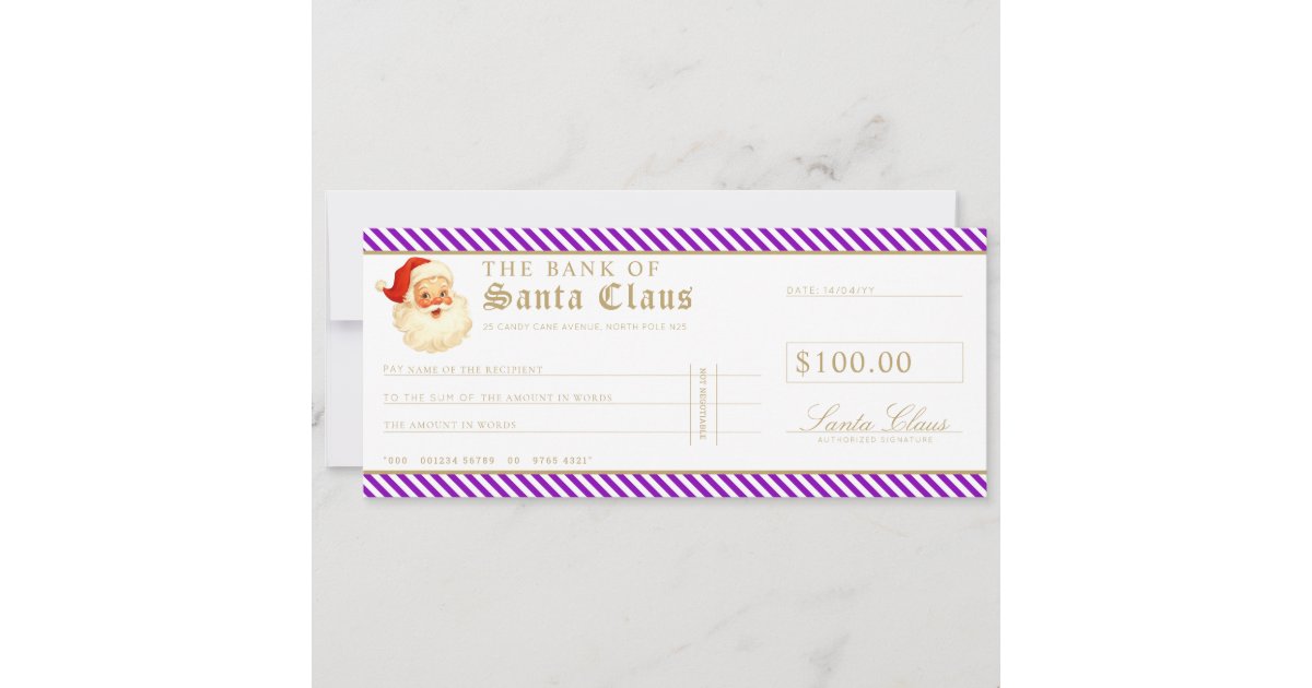 Purple Santa Cheque Gift Voucher Card | Zazzle