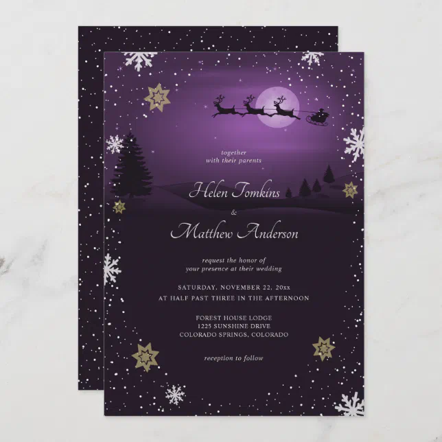 Purple Santa Claus Christmas Wedding Invitations | Zazzle