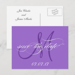 Purple Save the Date Monogram Postcard | Zazzle