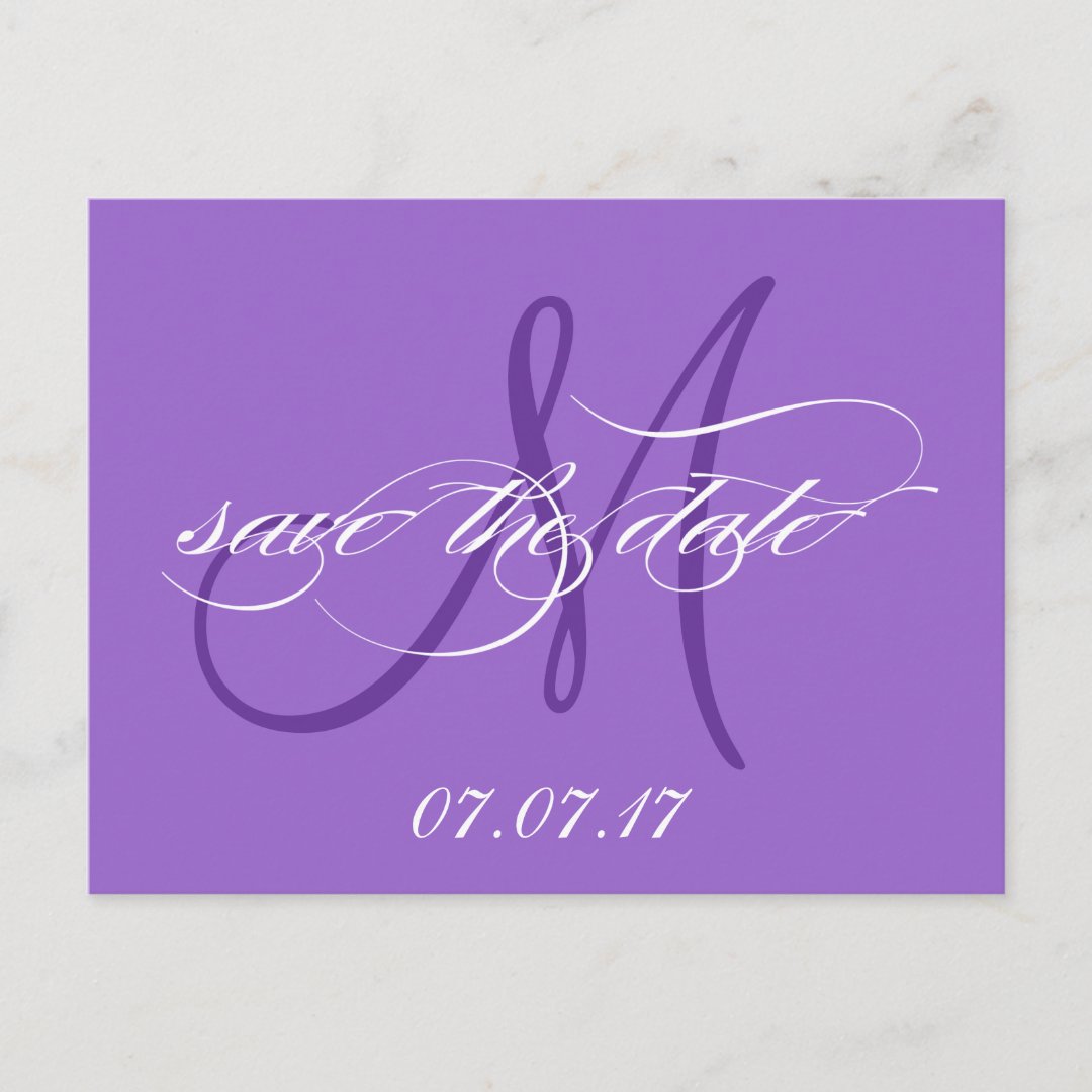 Purple Save the Date Monogram Postcard | Zazzle