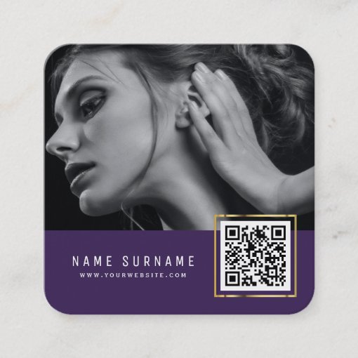 Purple scannable barcode QR code photo Square Business Card | Zazzle