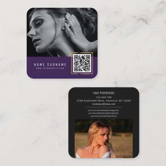 Purple scannable barcode QR code photo Square Business Card | Zazzle.com