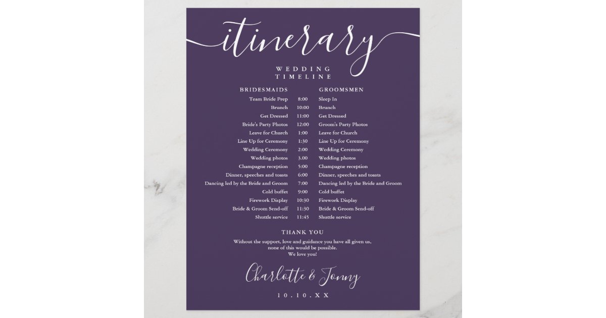 Purple Schedule Wedding Itinerary Timeline | Zazzle