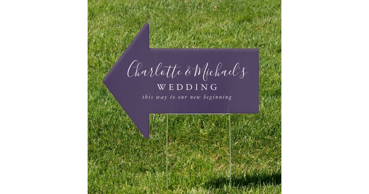 Purple Script Name Wedding This Way Arrow Sign | Zazzle