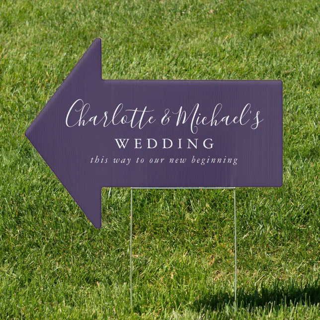 Purple Script Name Wedding This Way Arrow Sign | Zazzle