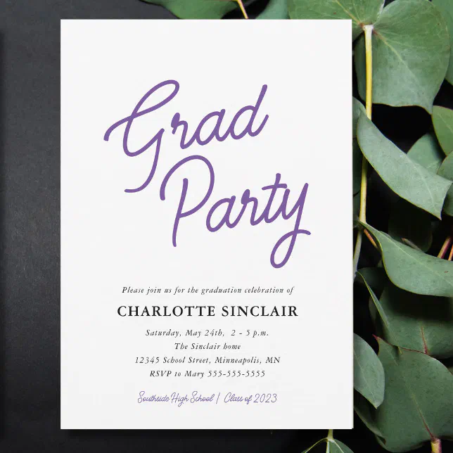 Purple Script Simple Budget Grad Party Invitation | Zazzle