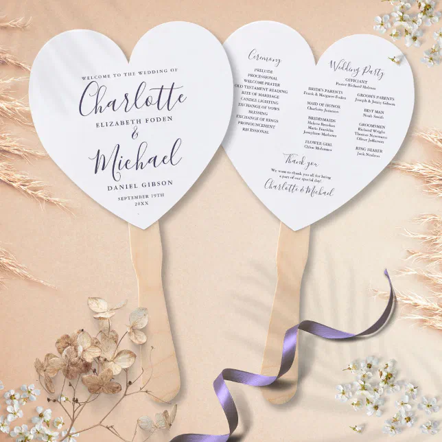 Purple Script Wedding Program Heart Hand Fan | Zazzle