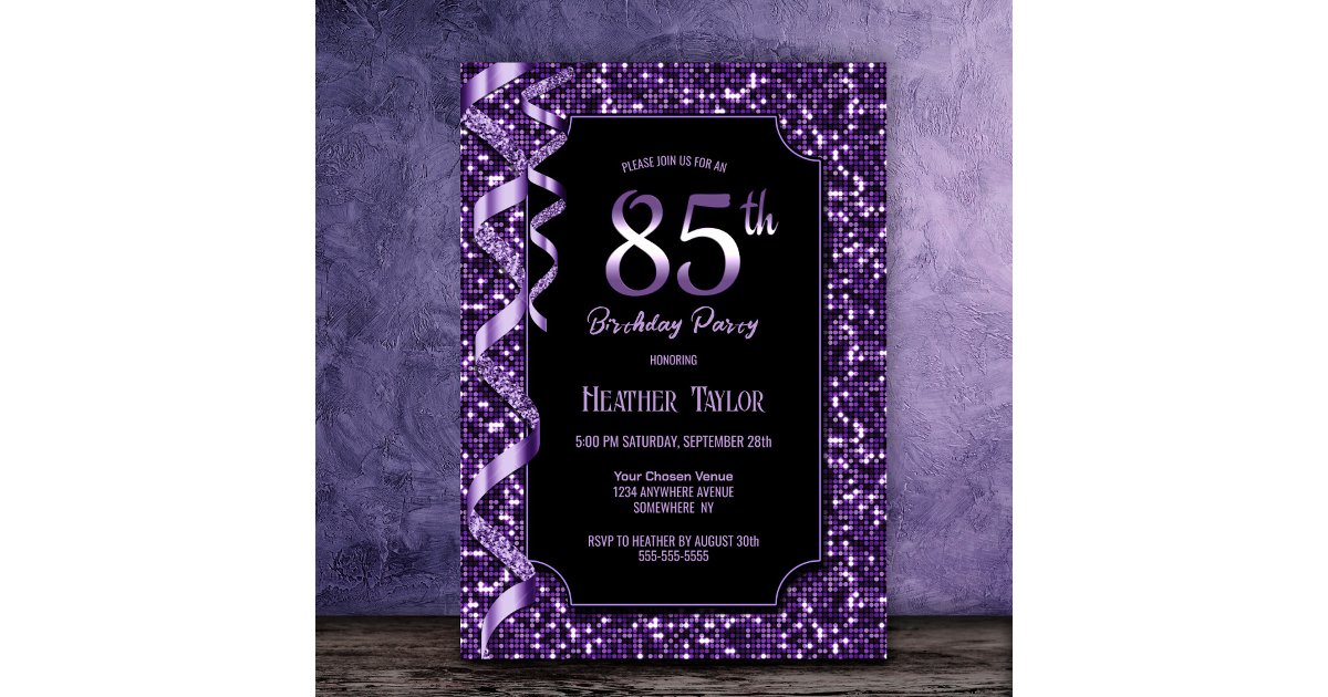 Purple Sequins 85th Birthday Party Invitation | Zazzle