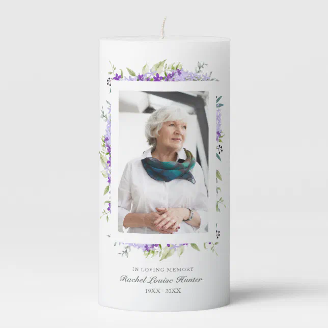 Purple Shades Garland In Loving Memory Photo Pillar Candle | Zazzle