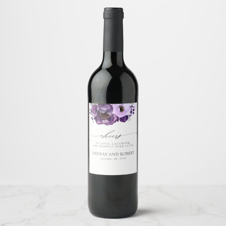 Purple Shades Romantic Flowers Special Wedding Wine Label | Zazzle