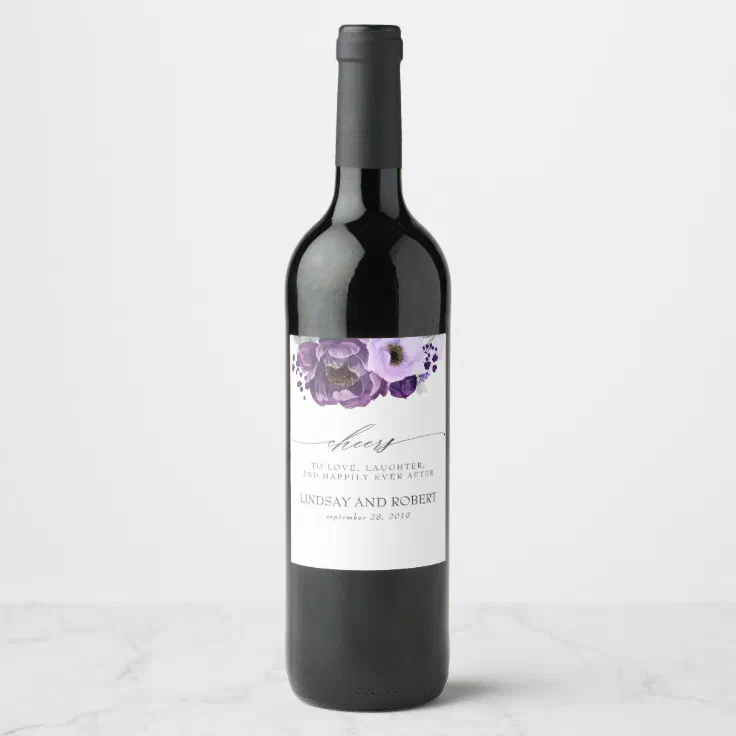 Purple Shades Romantic Flowers Special Wedding Wine Label | Zazzle