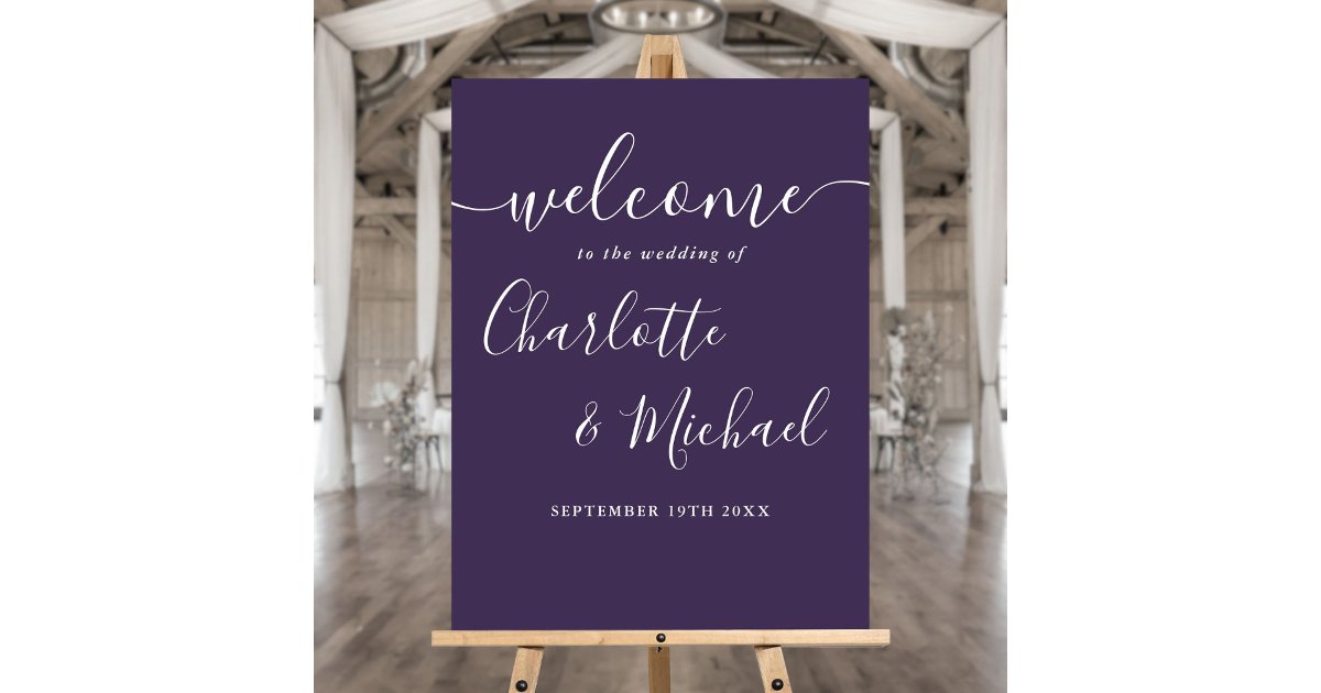 Purple Signature Script Wedding Welcome Sign | Zazzle